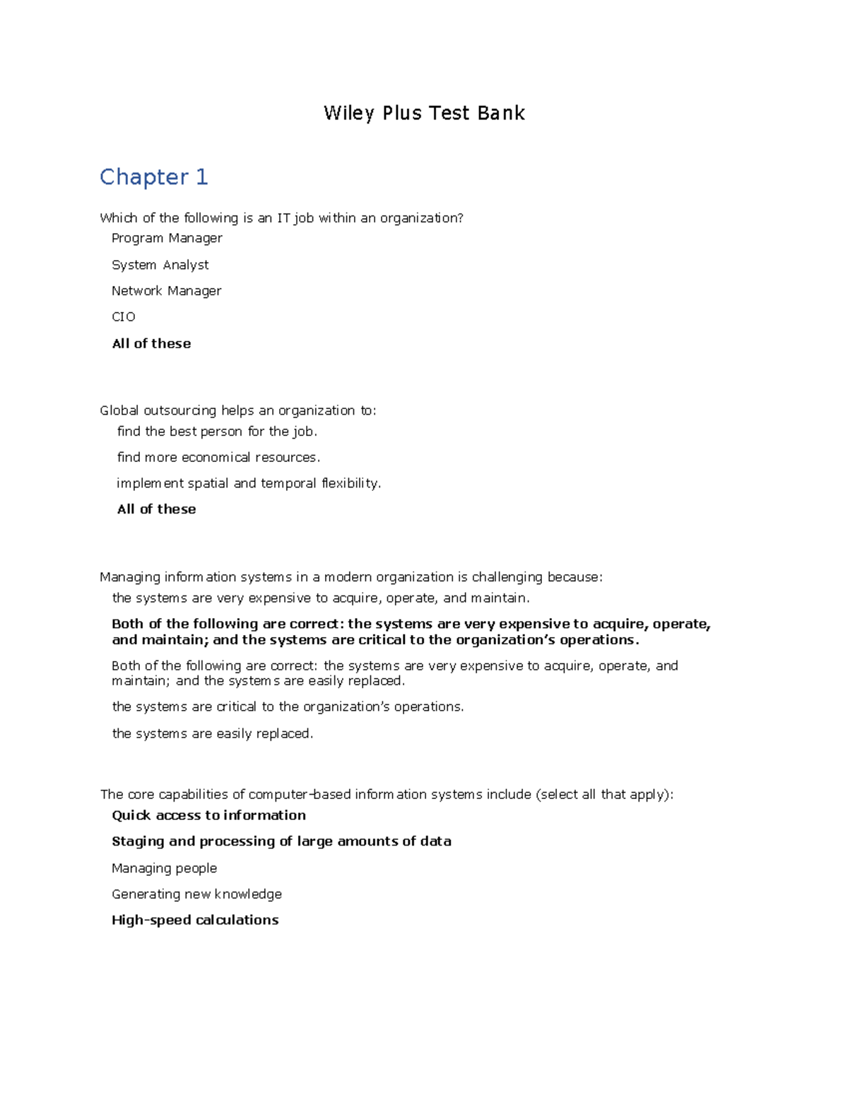 WileyPlus Test Bank Study Guide for IT Management (Chapters 1-8) - Studocu