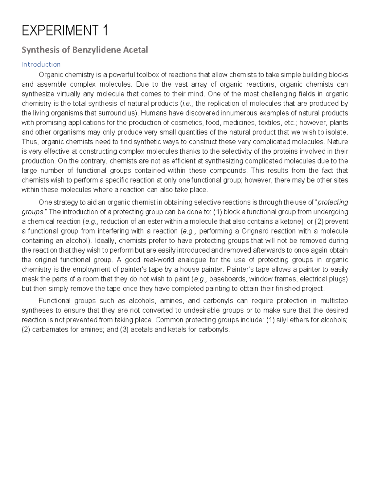Chem 2OB3 Exp 1 - Synthesis of Benzylidene Acetal Lab Report - Studocu