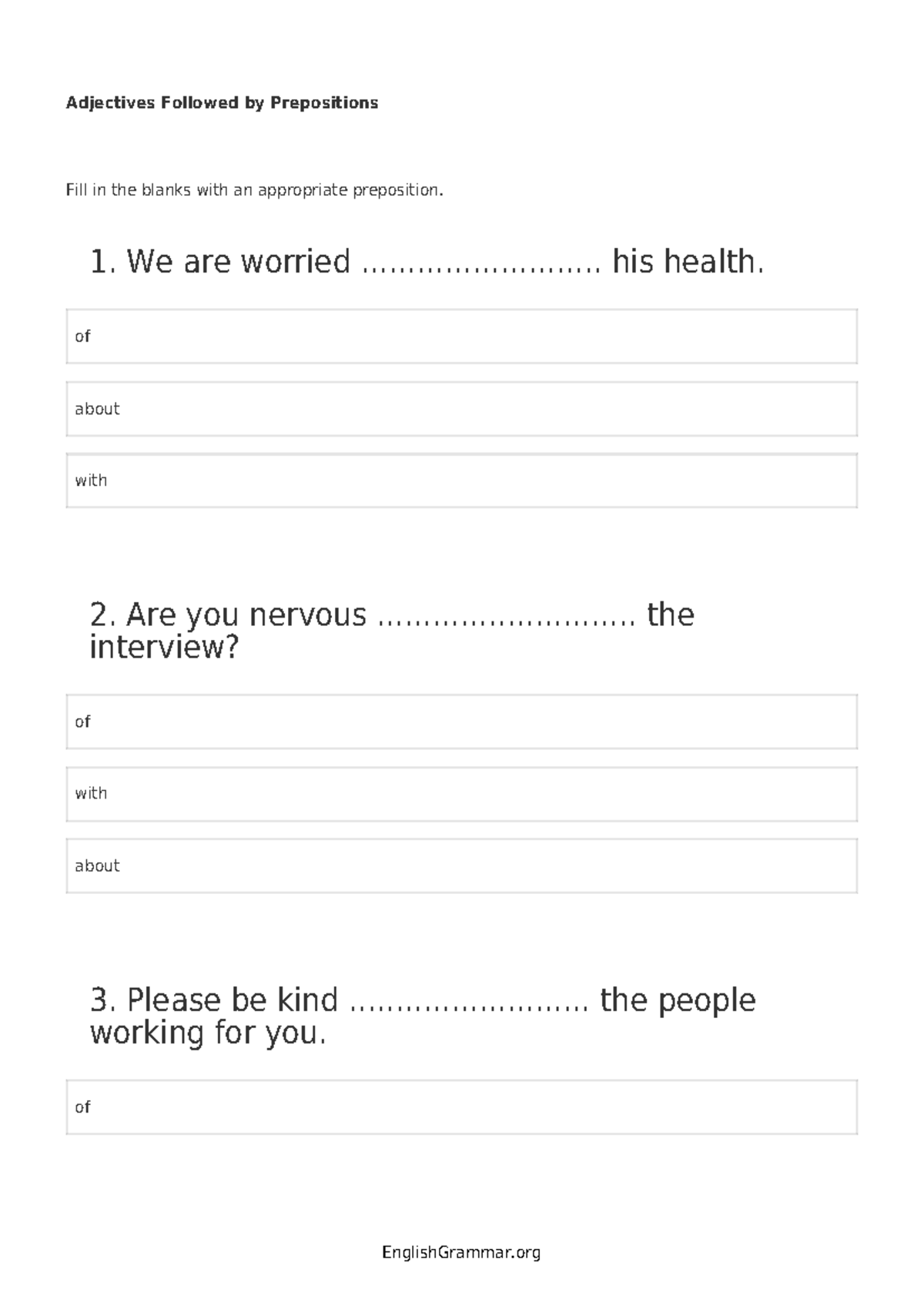 Adjectives Followed by Prepositions: Fill in the Blanks Exercise - Studocu