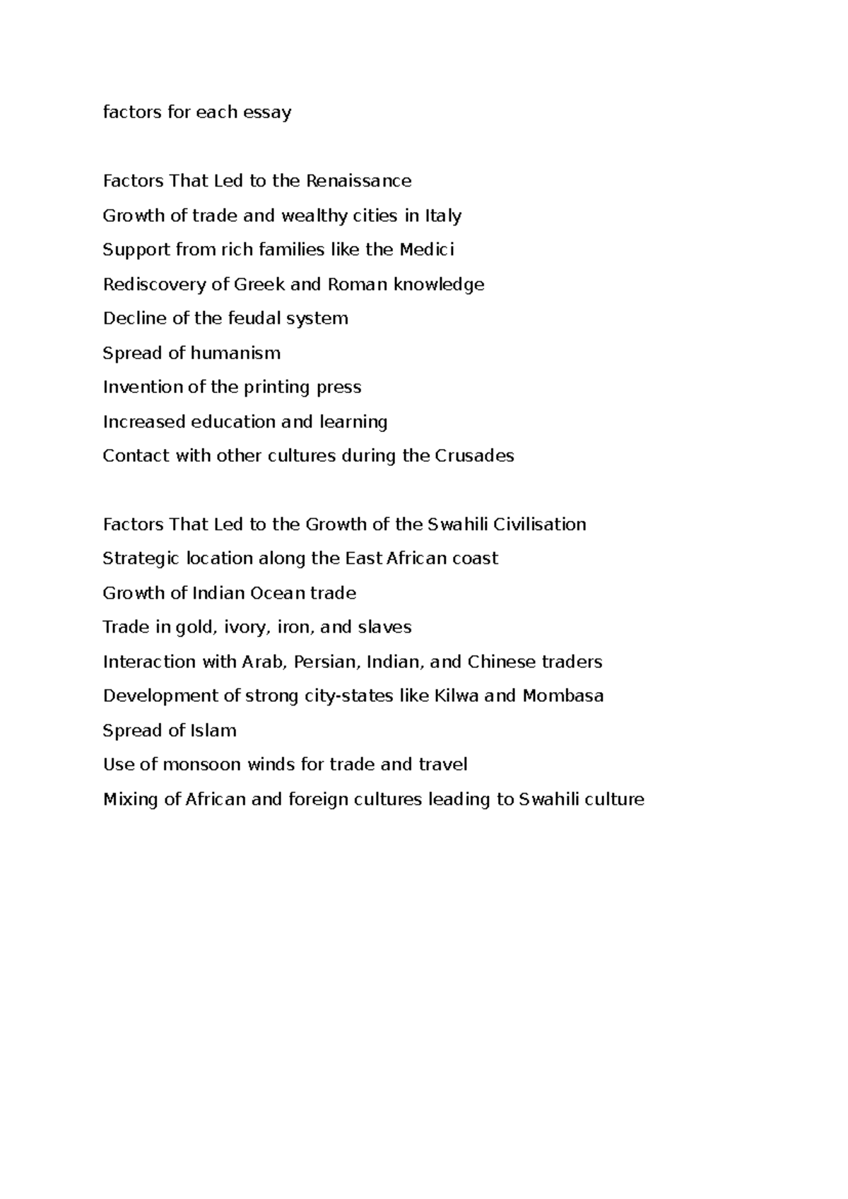 Hist104 Essay Notes: Factors Influencing Renaissance & Swahili Growth ...