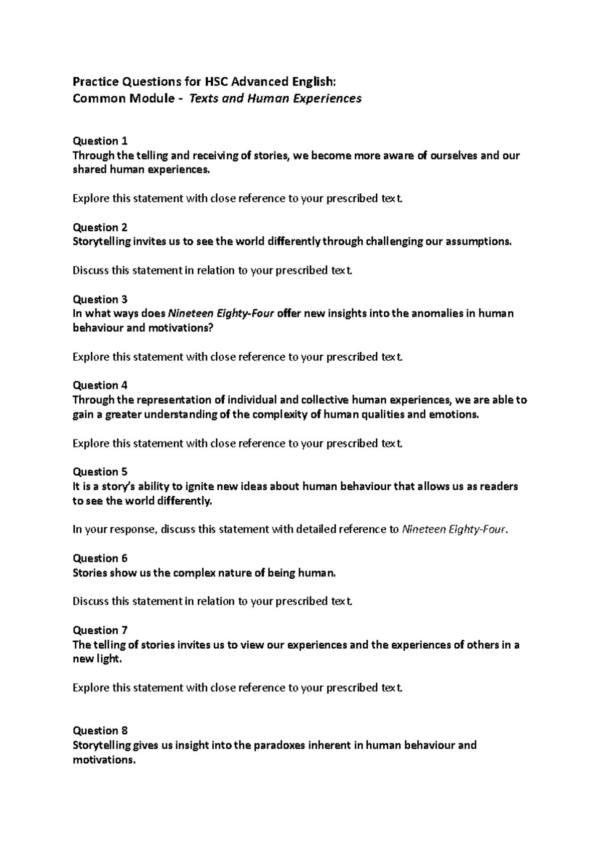 HSC Advanced English: Practice Questions on Common Module - Nineteen ...