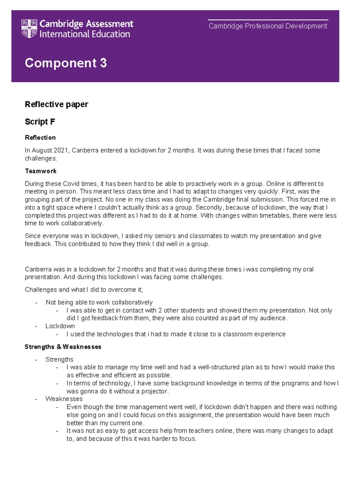 9239 Ext OTG Component 3 Reflection on Lockdown Challenges - Studocu