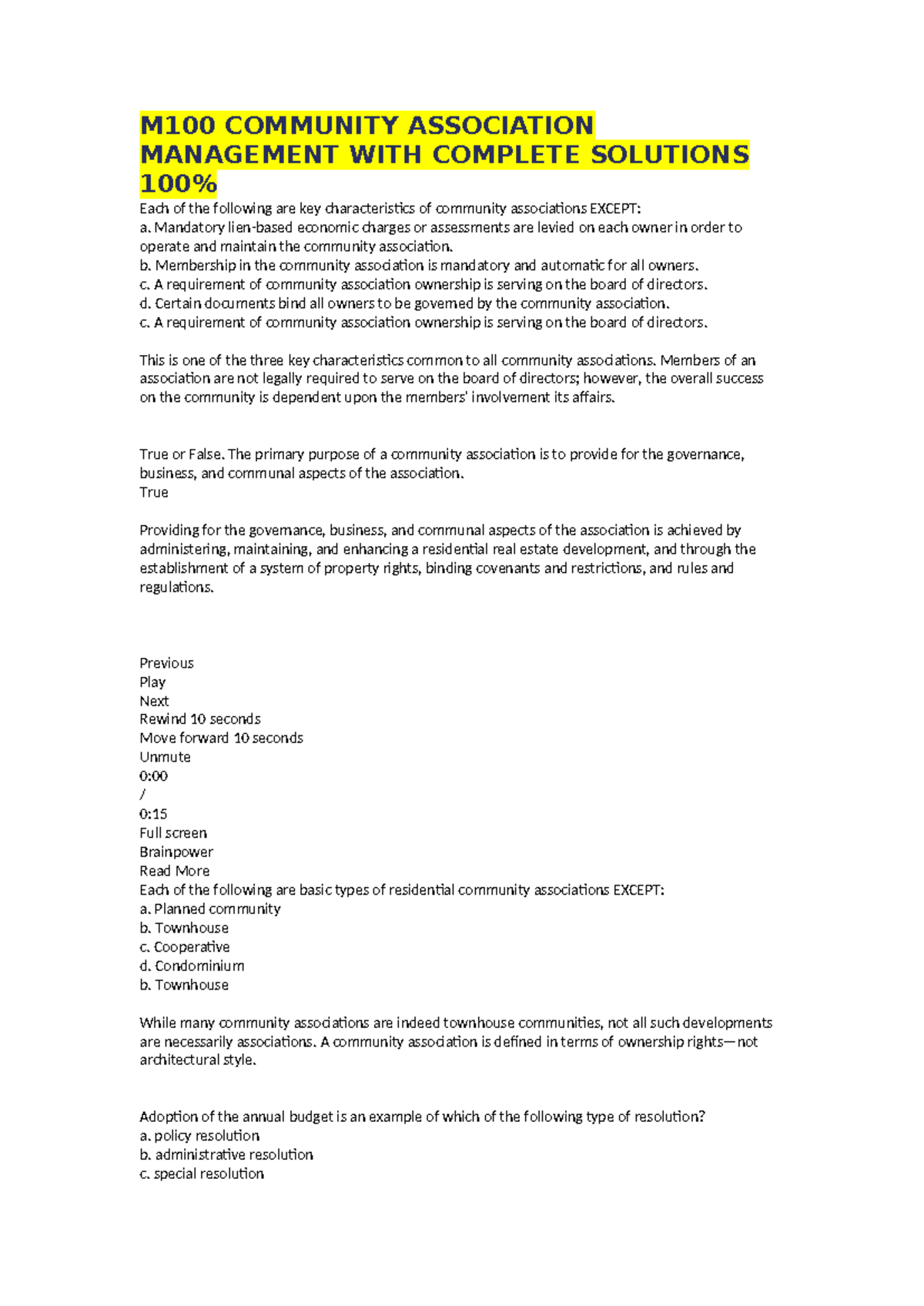 M100 Community Association Management: Key Concepts & Exam Solutions ...
