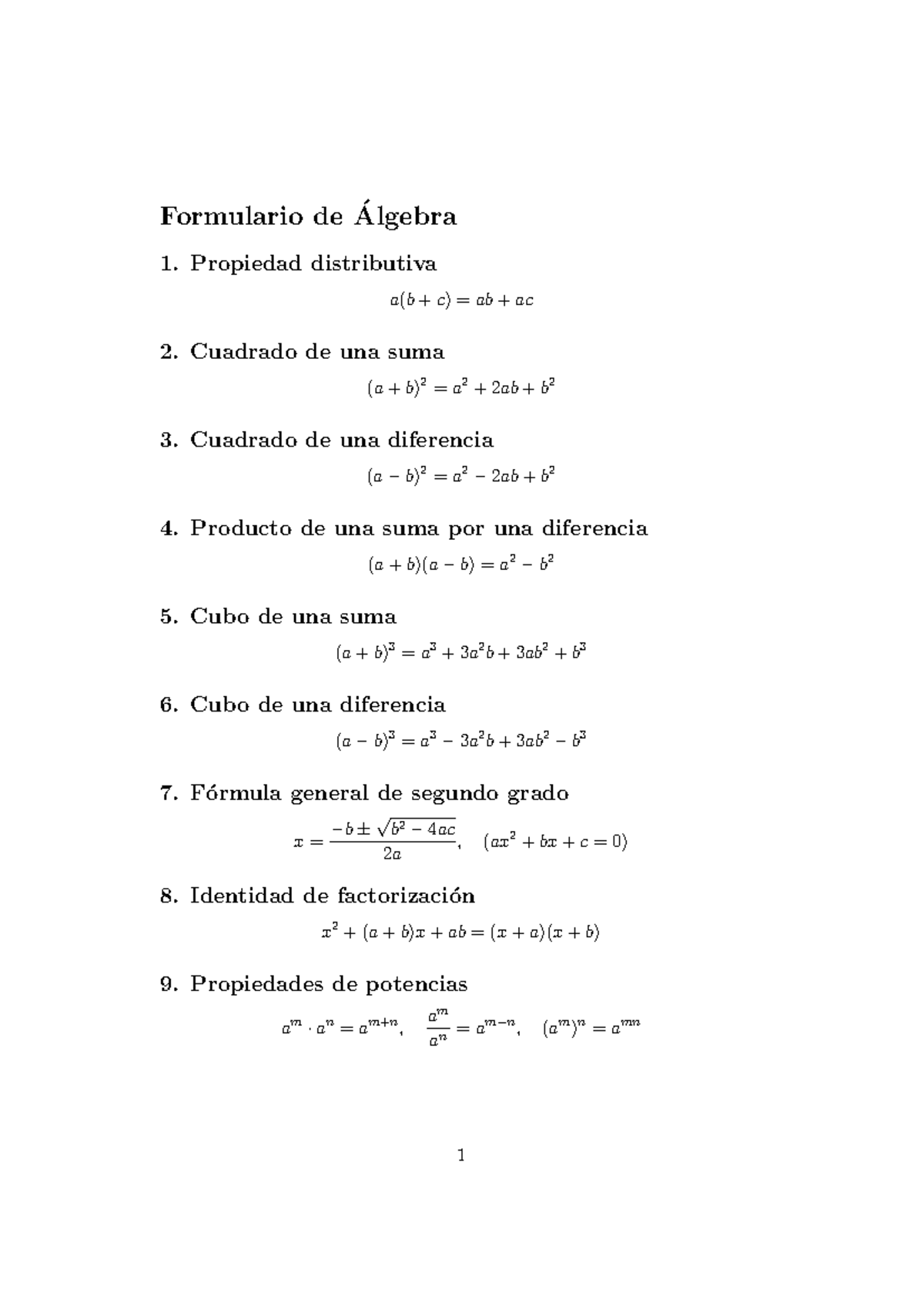 Formulario de Álgebra: Esquema de Propiedades y Fórmulas - Studocu