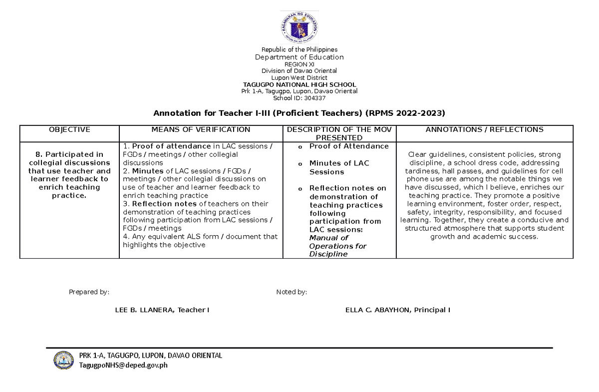 RPMS 2022-2023 Annotations for Teacher I-III Performance Evaluation ...