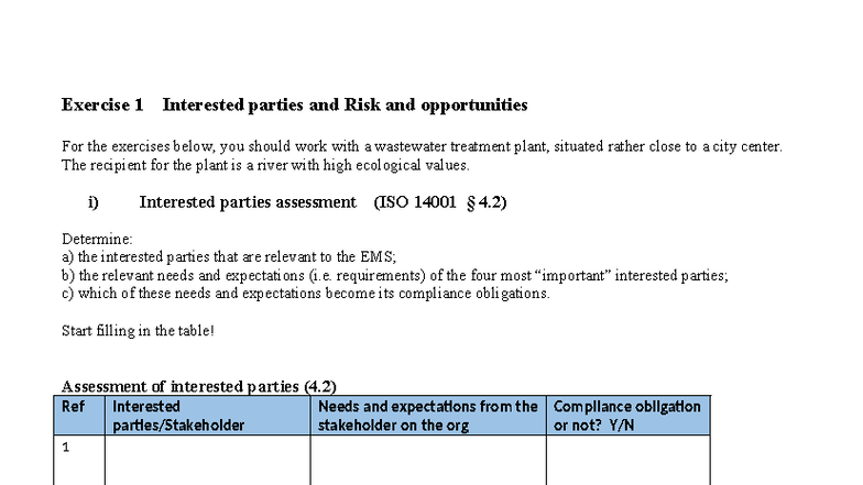 AAA Exercises on Interested Parties, Risks, and Opportunities - Autumn ...