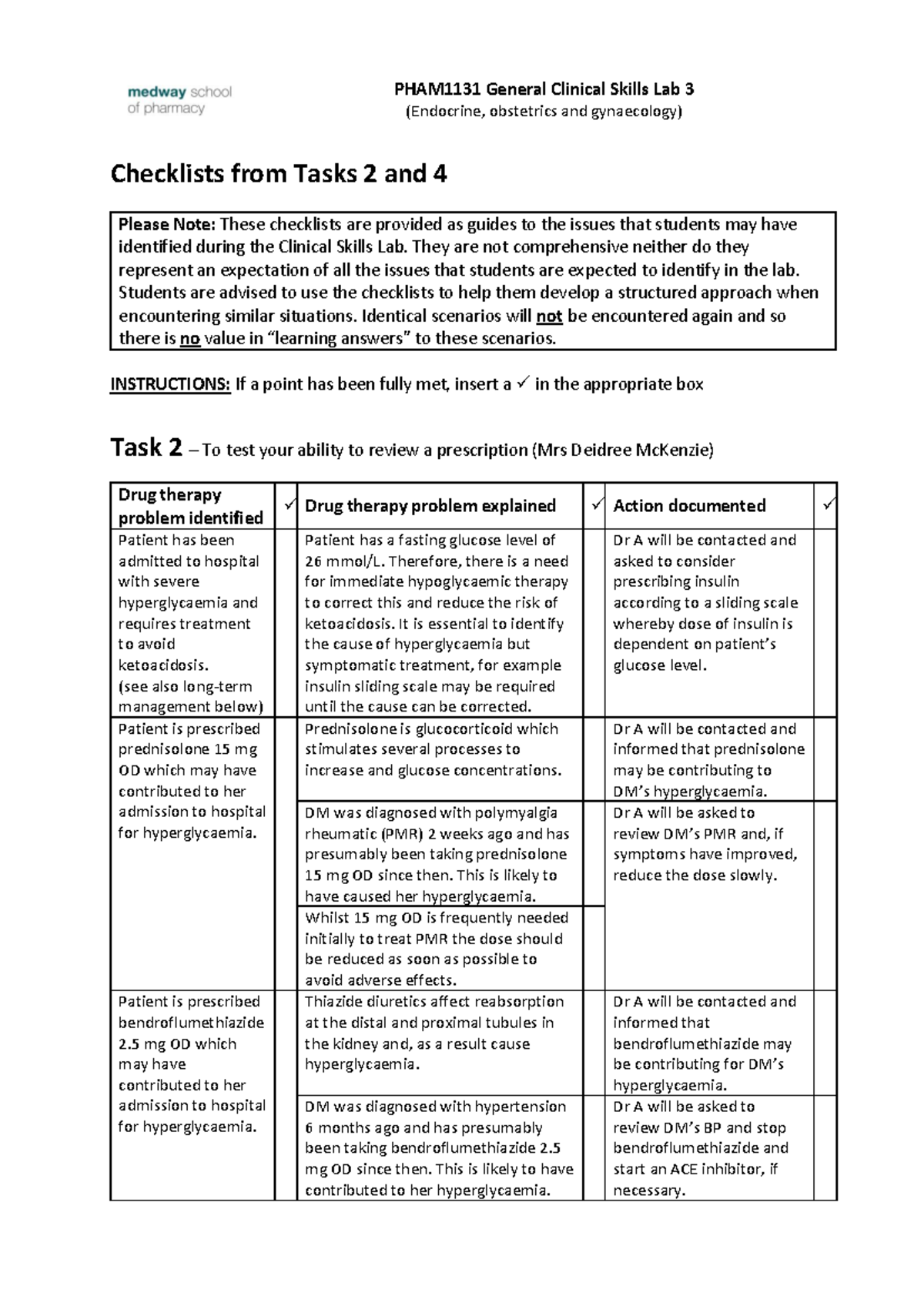 PHAM1131 Lab 3 Clinical Skills Checklists - Endocrine & Gynaecology ...