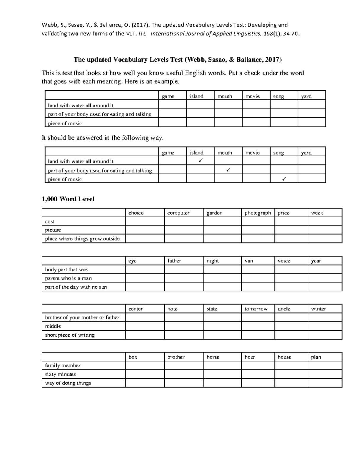 Updated Vocabulary Levels Test (VLT) 1,000 - 4,000 Word Levels - Studocu