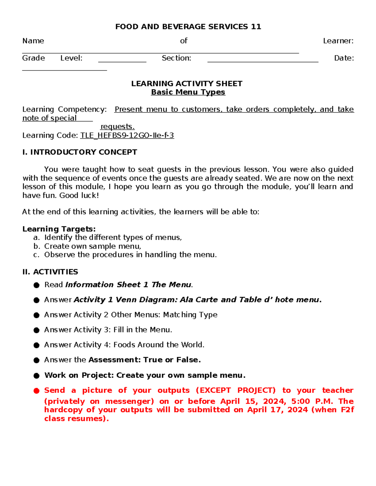 FBS11 Lesson on Basic Types of Menu and Service Procedures - Studocu