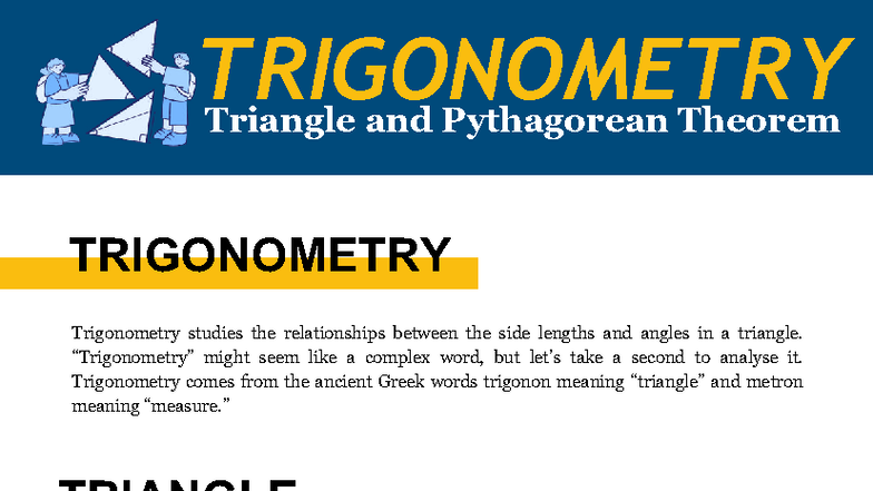 MATH103: TRIGONOMETRY Triangle and Pythagorean Theorem Overview - Studocu