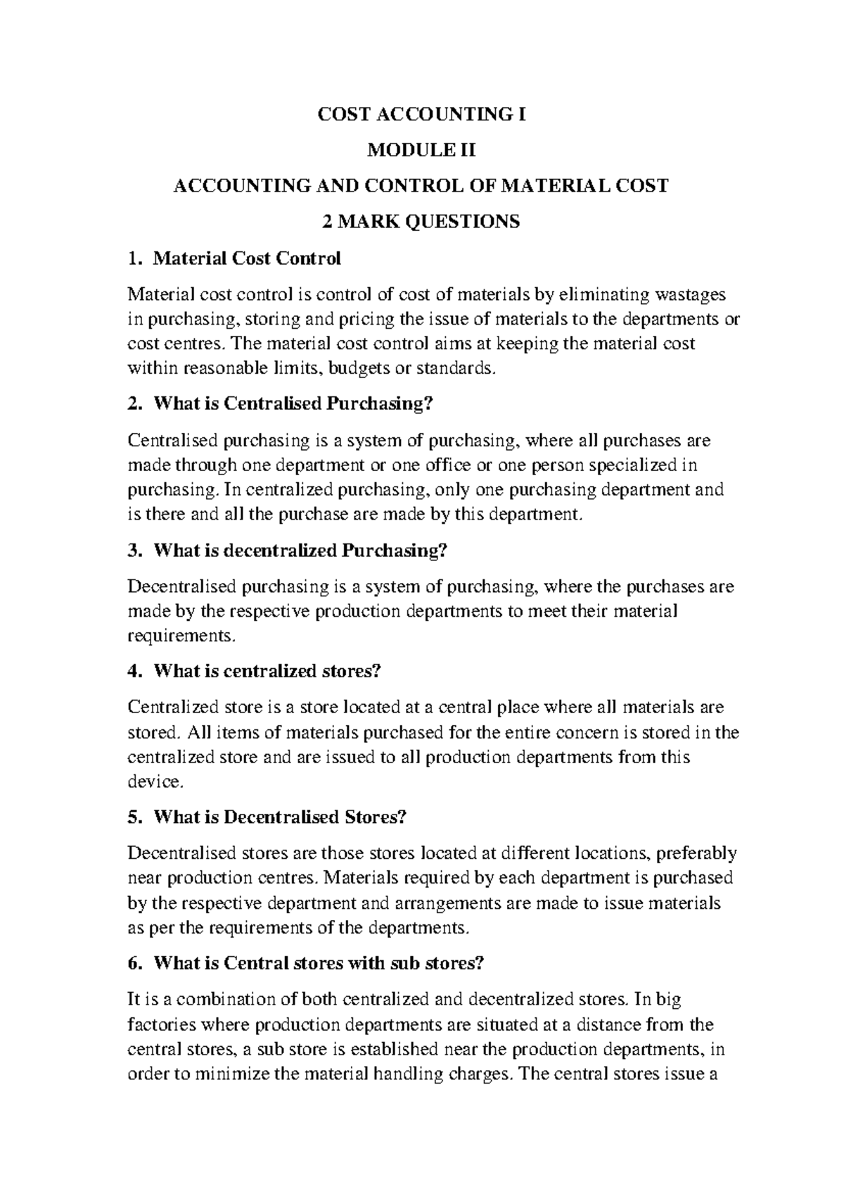 Cost Accounting Module II: Material Cost Control & Purchasing Systems ...