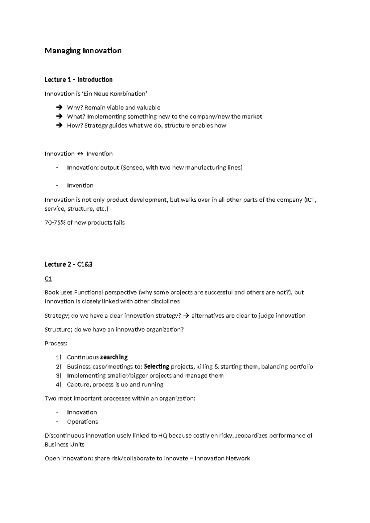 Managing Innovation: Lecture 1 to 3 Overview and Key Concepts - Studeersnel