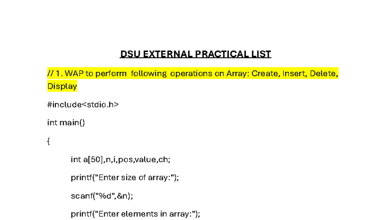 DSU External Practical List: Array & Linked List Operations - Studocu