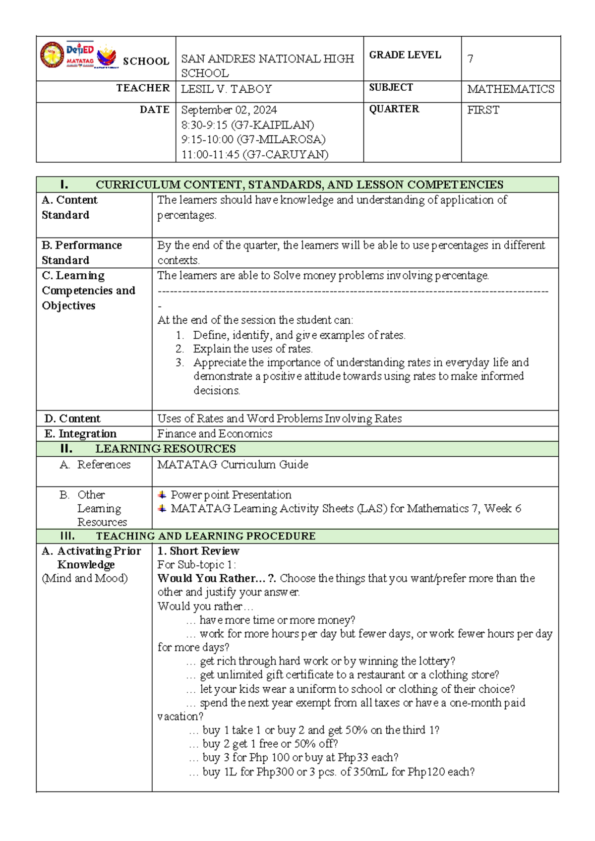 Mathematics 7: Uses of Rates and Related Word Problems - Studocu