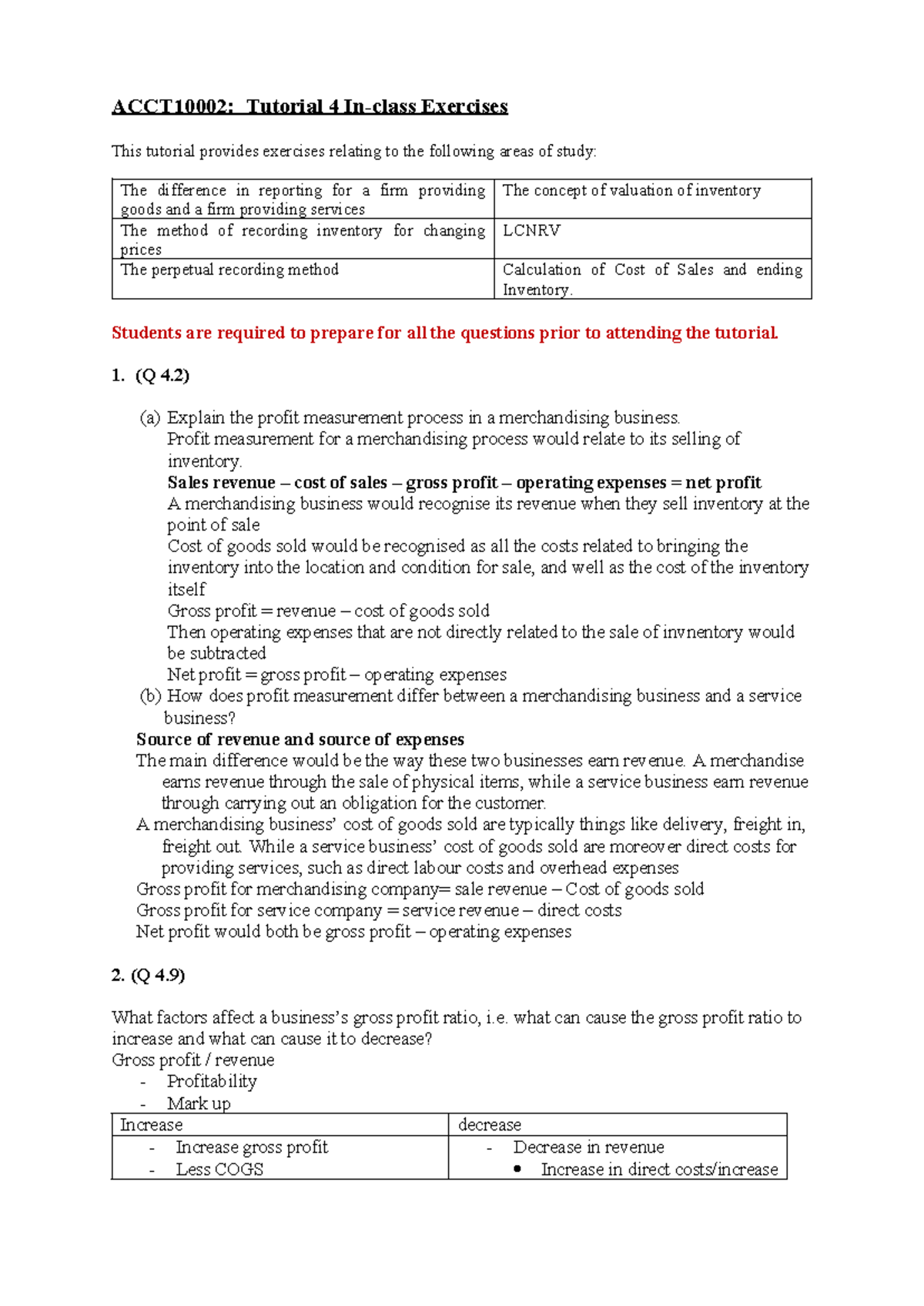 ACCT10002 Tutorial 4 In-class Exercises: Profit Measurement & Inventory ...