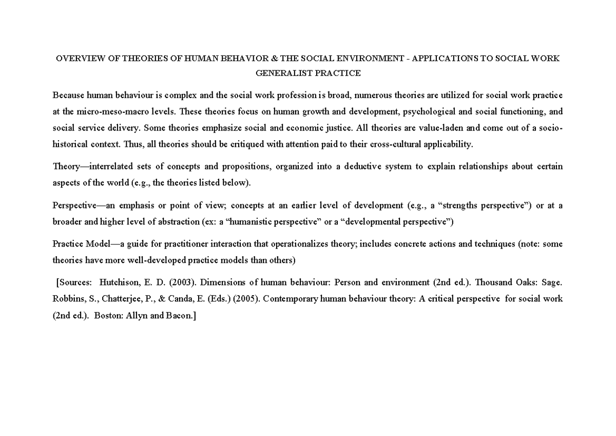 Theories of Human Behavior: Applications in Social Work Practice - Studocu