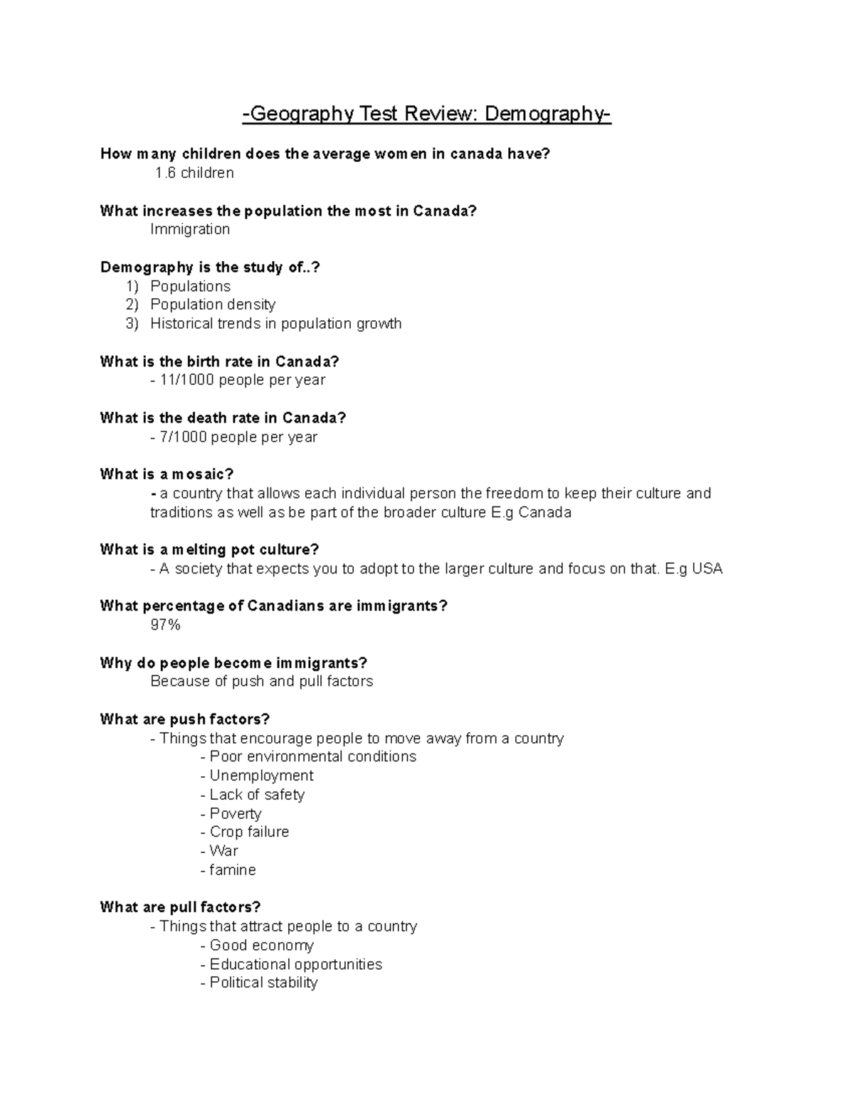 Geography- Unit 4 Test Review: Demography and Immigration Factors - Studocu