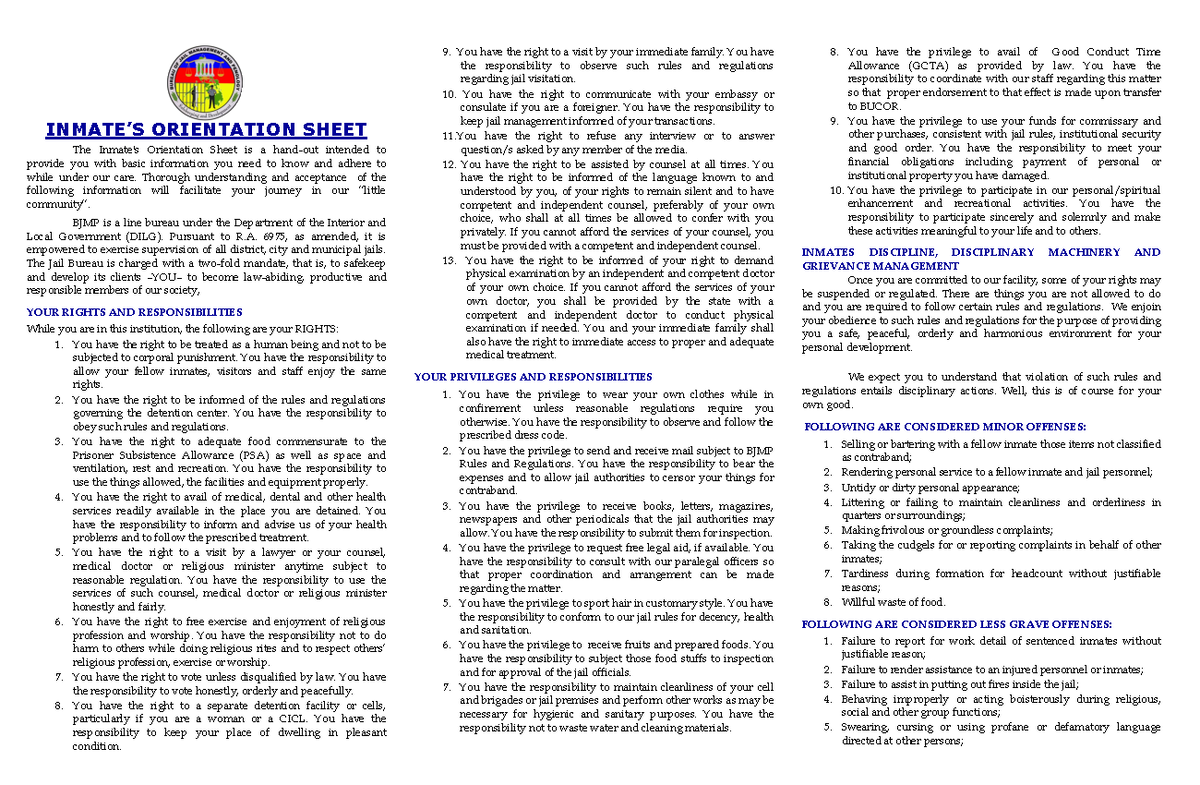 BJMP Inmate Orientation Sheet: Rights, Responsibilities & Programs ...