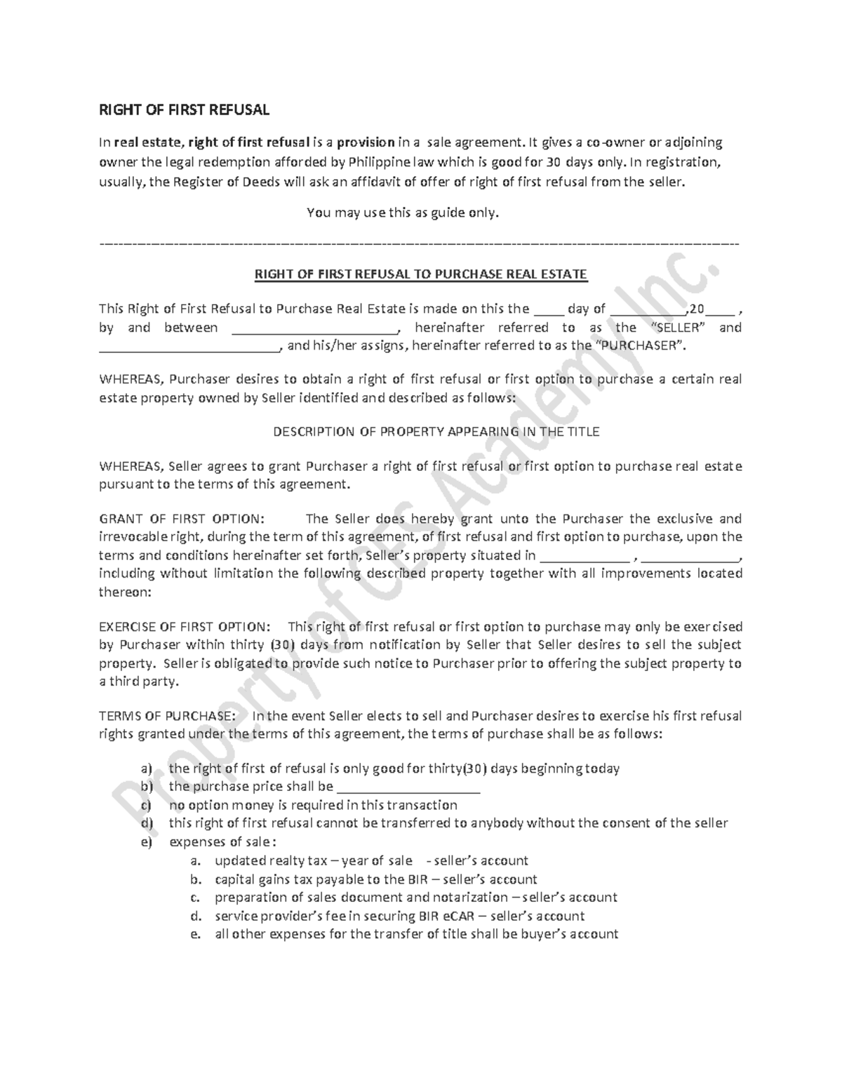 07 right of first refusal realty - RIGHT OF FIRST REFUSAL In real ...