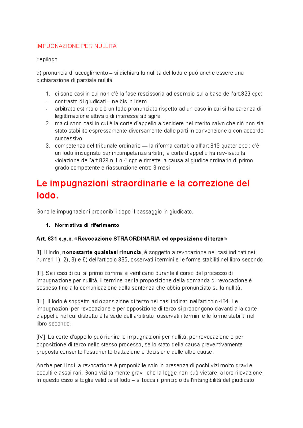 Arbitrato 5 Nov - Riepilogo Impugnazioni e Revocazione Lodo - Studocu