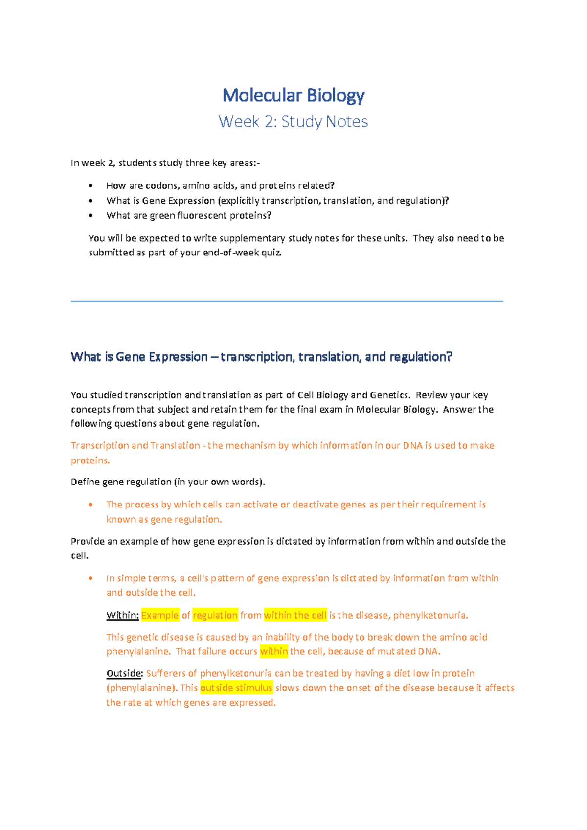 Molecular Biology (MBIO 101) Week 2: Gene Expression Study Notes - Studocu