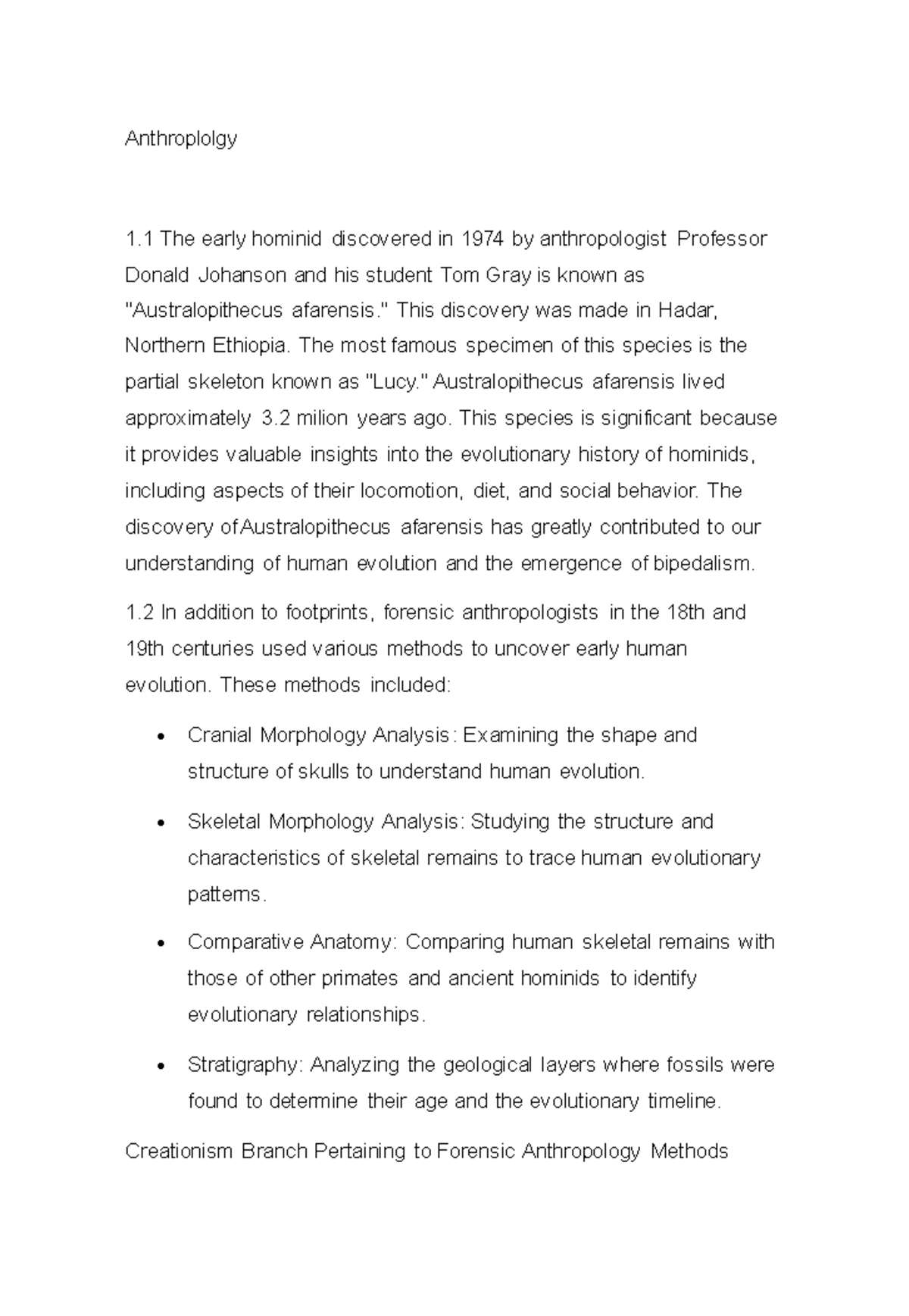 Anthropology 1 - Assignment on Early Hominids and Gender Roles - Studocu