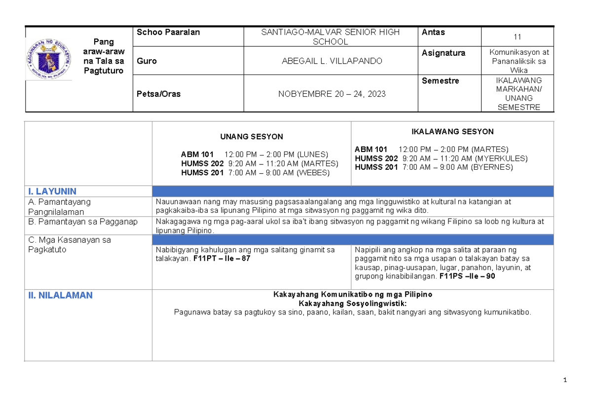 DLL - Kompan Q2 - Lingguwistiko at Komunikasyon sa Pagsasanay - Studocu
