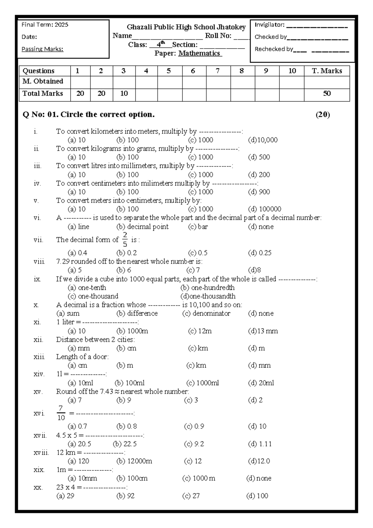 4th Grade Math Final Exam: 2025 Ghazali Public High School - Studocu