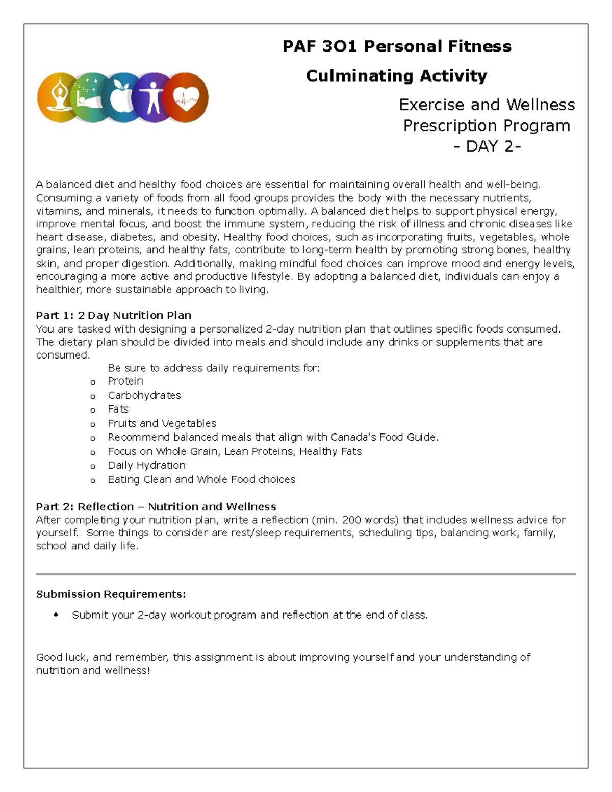 PAF 3O1 Personal Fitness Culminating Activity 2024-25: Nutrition Plan ...