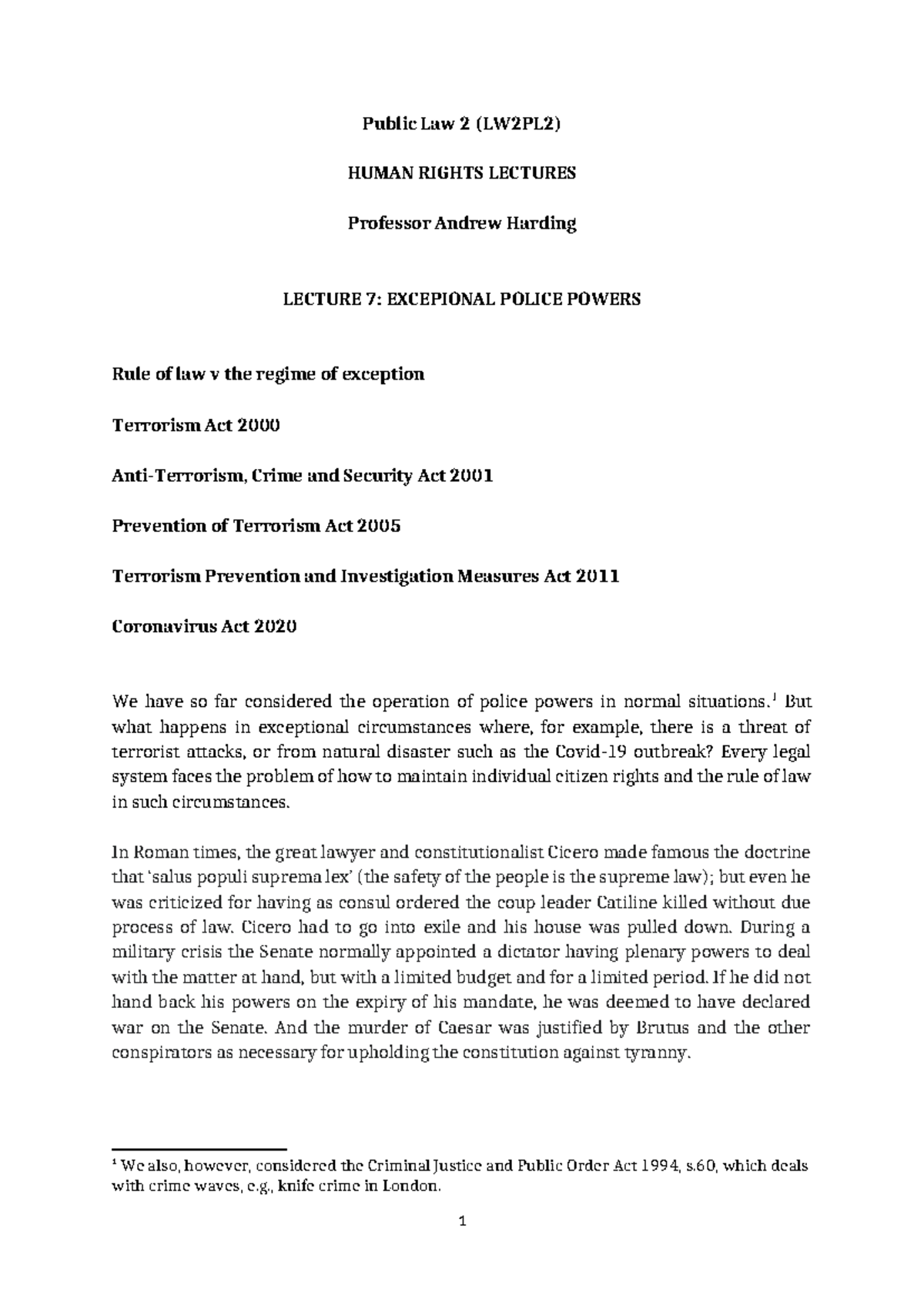 LW2PL2 Exceptional Police Powers Lecture Notes: Human Rights ...