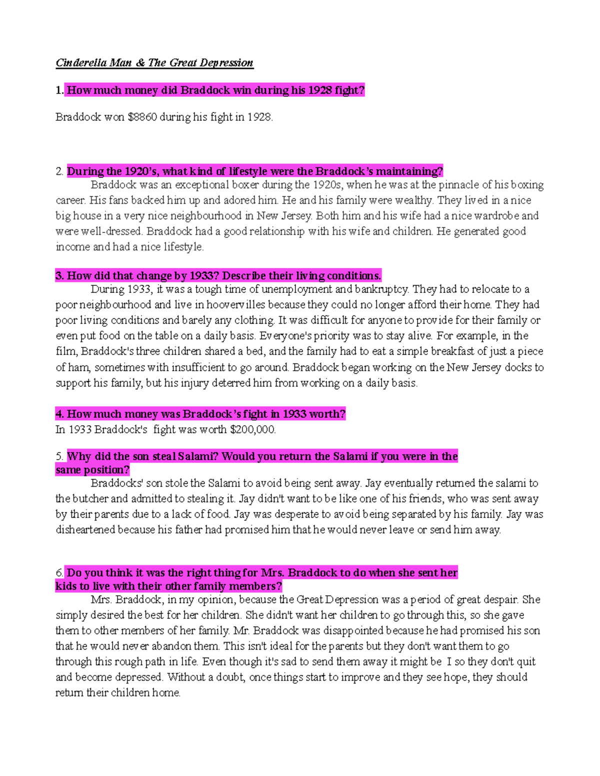 Cinderella Man (CIN 101) Movie Worksheet: Analyzing the Great ...