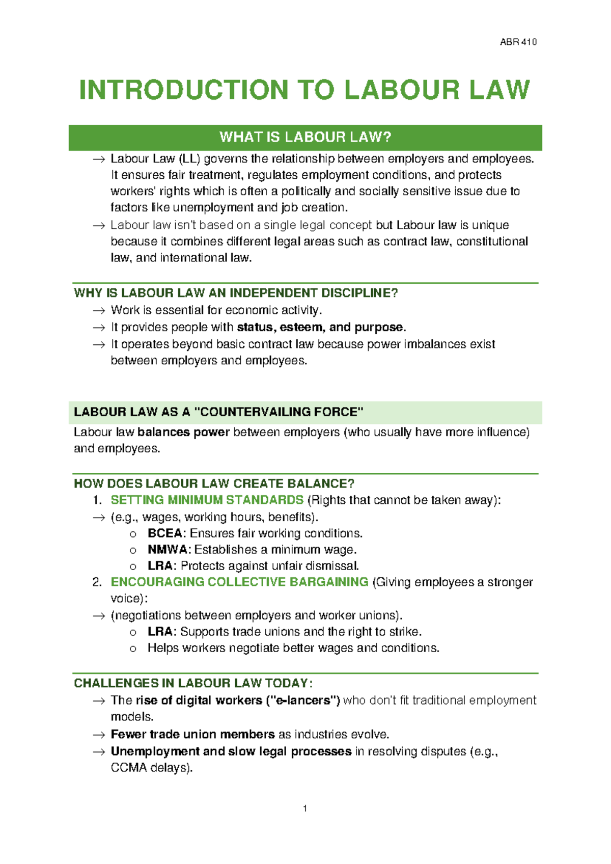 Labour Law Overview and Key Concepts - ABR410 Semester Test 1 Notes ...