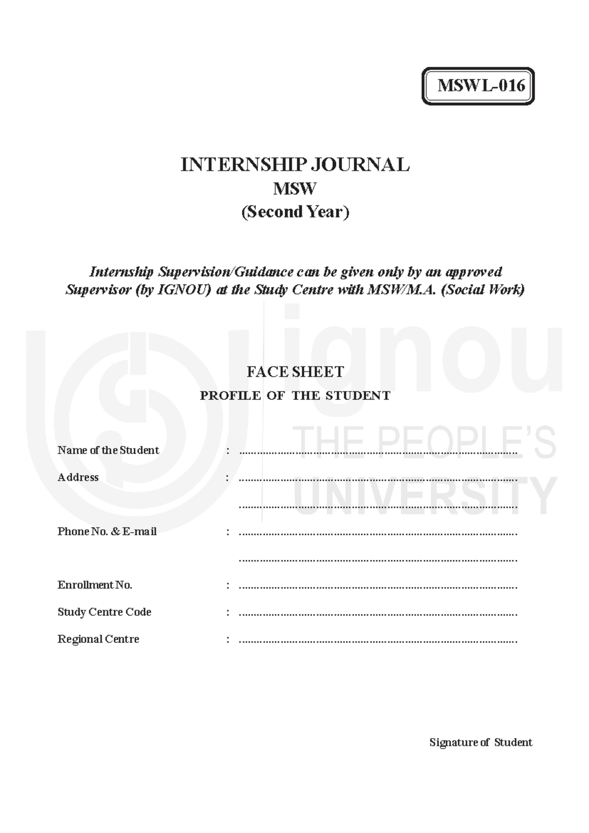 MSWL-016 Internship Journal - Guidelines for Social Work Students - Studocu