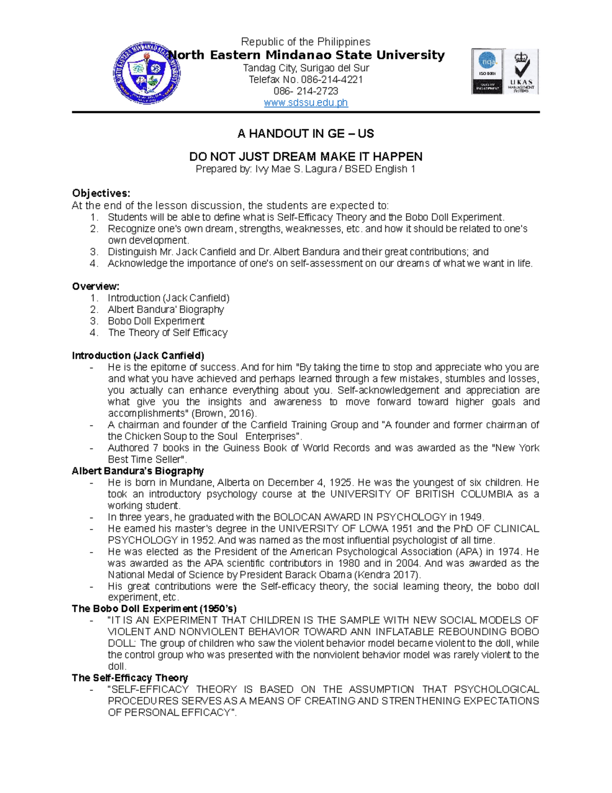 GE US Handout: Understanding Theory & the Bobo Doll Experiment - Studocu