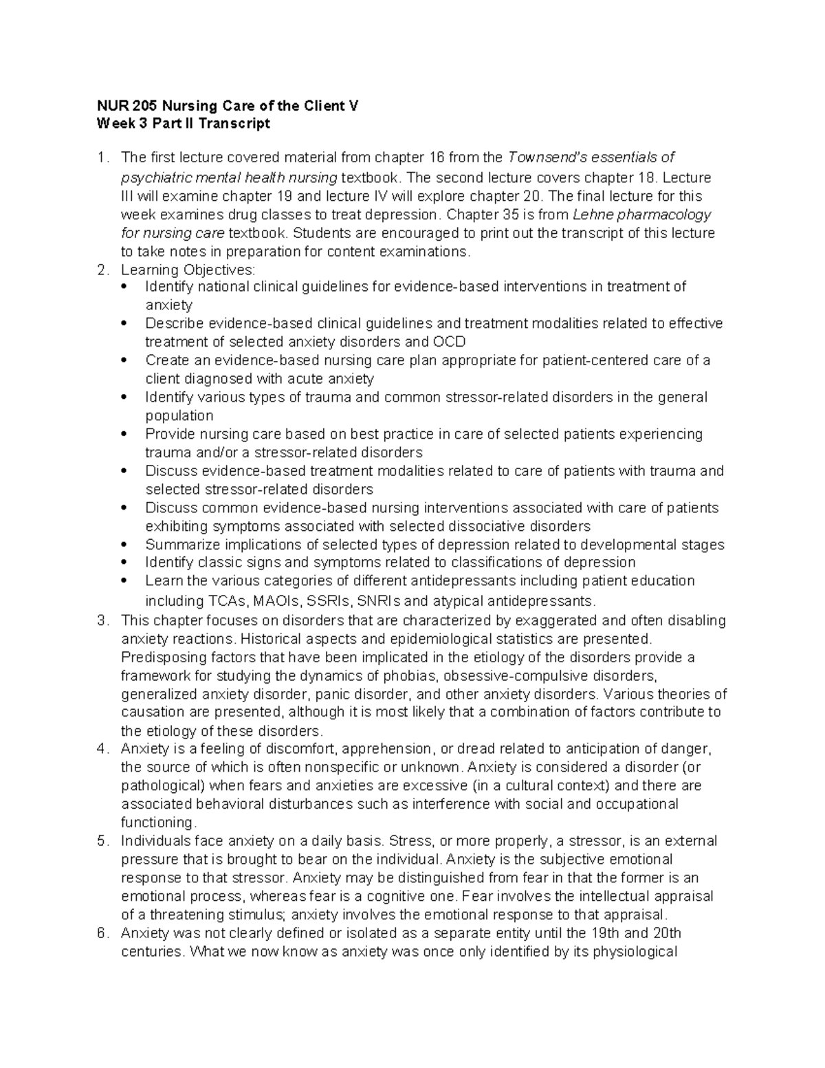 NUR 205 Week 3 Lecture Notes: Anxiety Disorders & Treatments - Studocu
