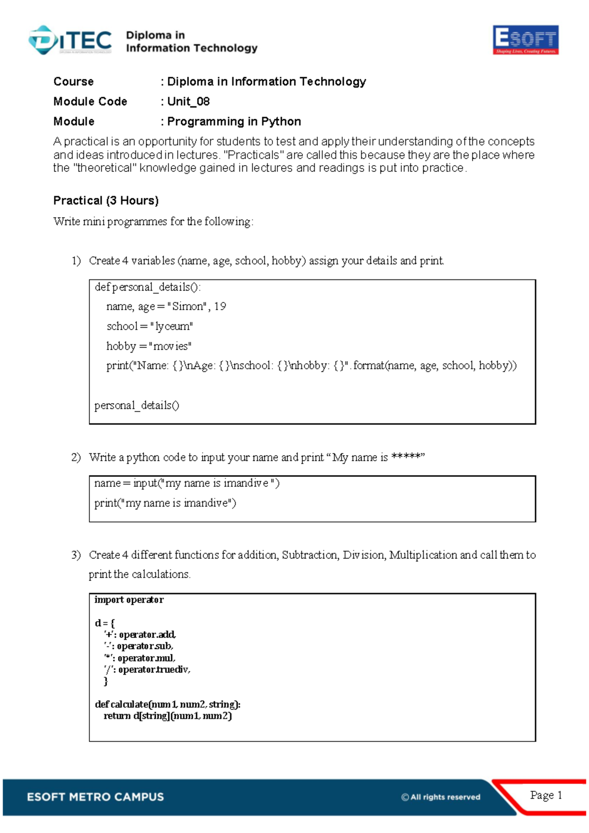 Diploma in IT: Unit_08 Python Programming Practical Tasks - Studocu