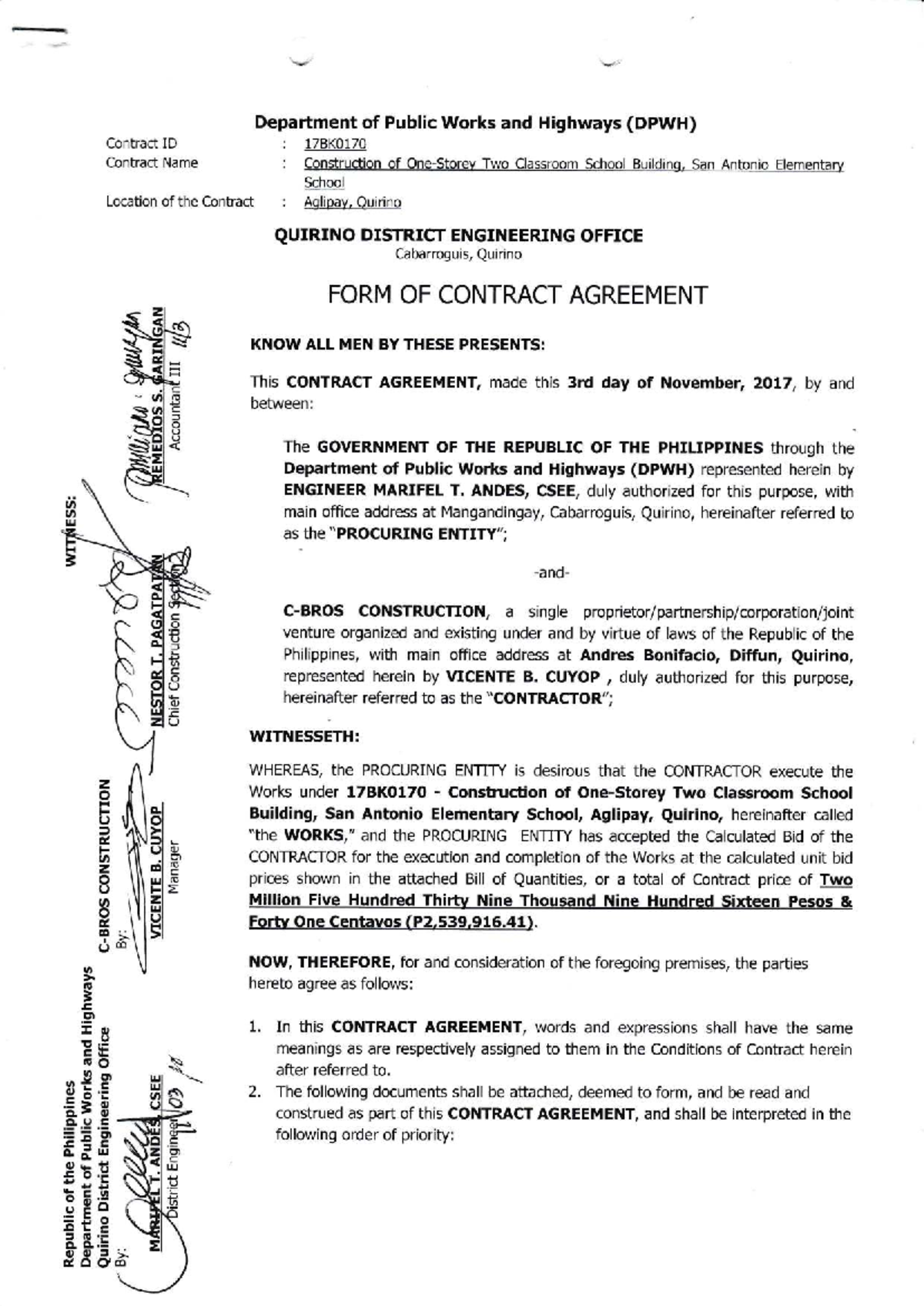 DPWH Contract 17BK0170: Agreement for Two Classroom Building Construction - Studocu