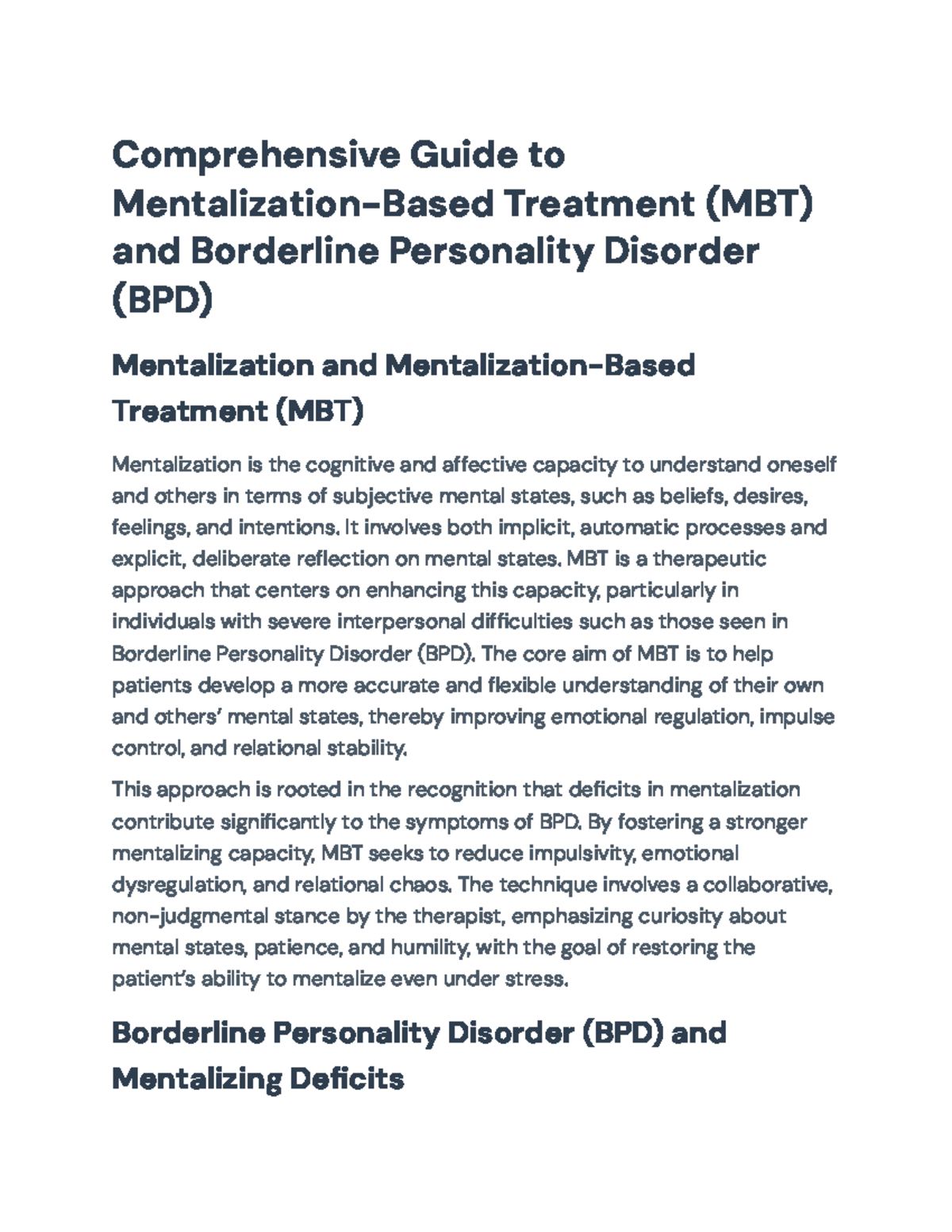 Comprehensive Overview of MBT for BPD Treatment Strategies - Studocu