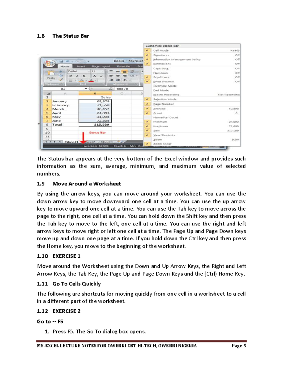 Excel Navigation and Status Bar Overview - LECTURE NOTES 17 - Studocu