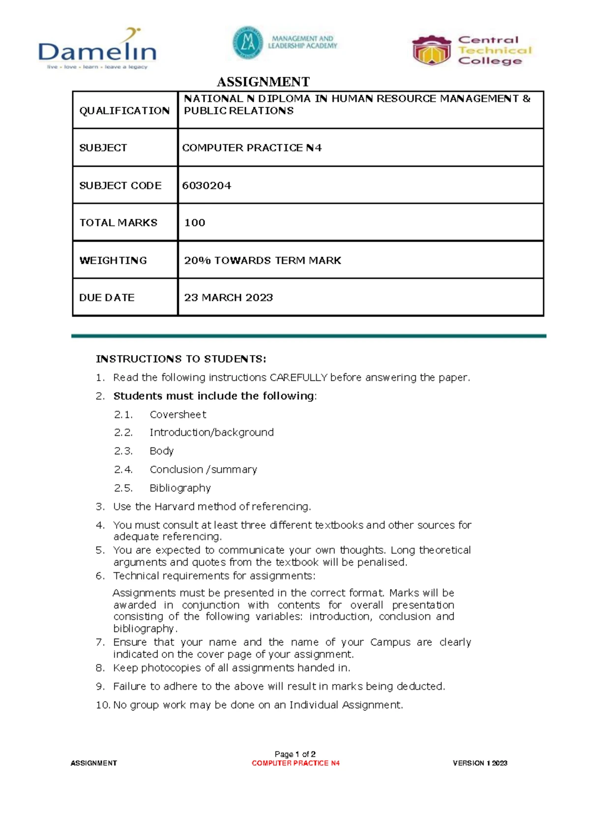 Management Communication N4 Assignment - Page 1 of 5 QUALIFICATION ...