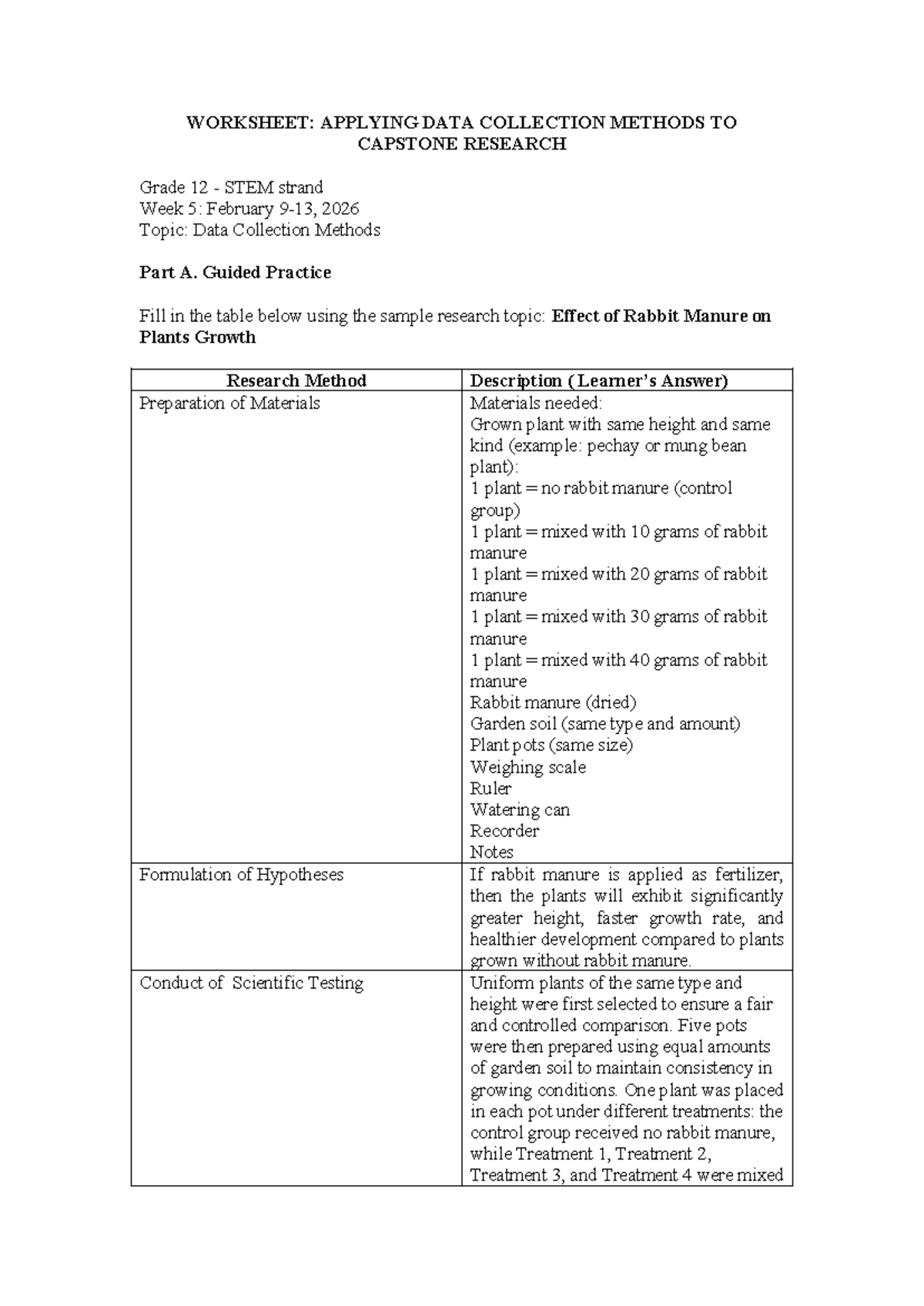 WORKSHEET: DATA COLLECTION METHODS IN CAPSTONE RESEARCH G12 STEM - Studocu