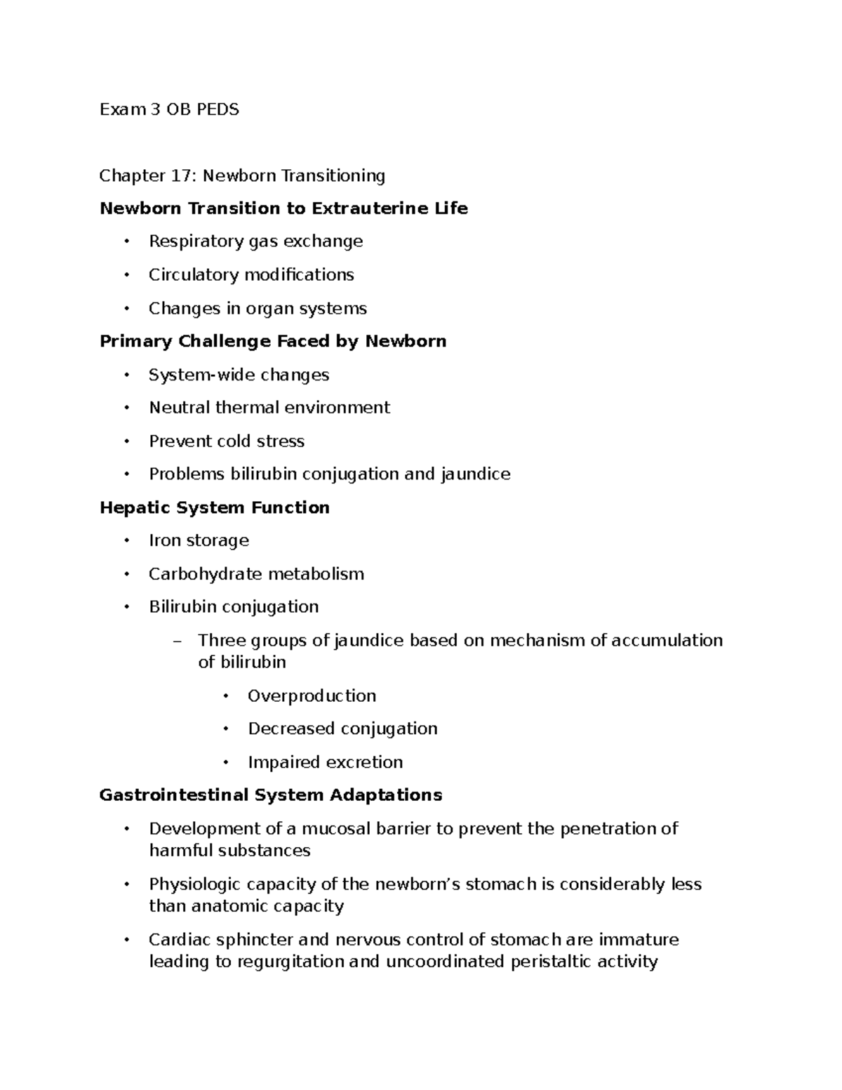 Exam 3 OB PEDS: Newborn Transition & Adaptations Overview - Studocu