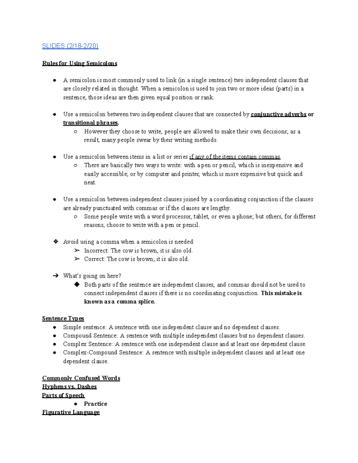 Grammar Bootcamp: SLIDES on Semicolon Usage and Sentence Types - Studocu