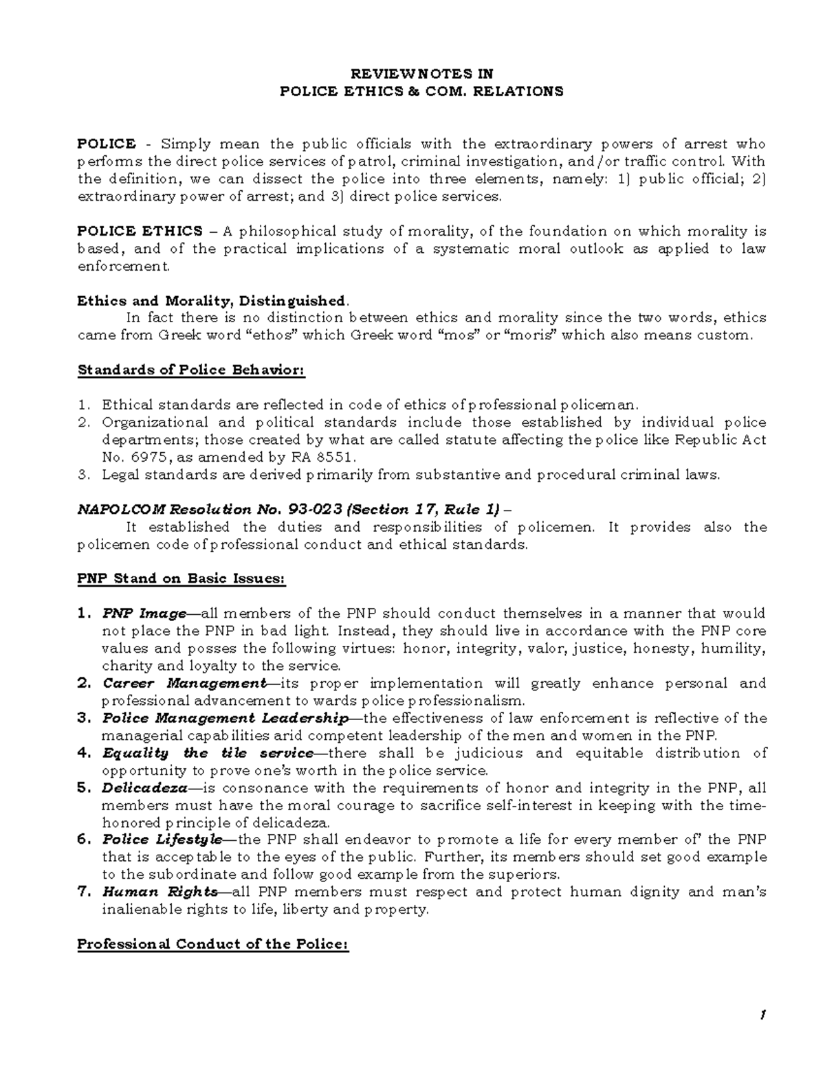 7 - Comprehensive Review Notes on Police Ethics & Comm. Relations - Studocu