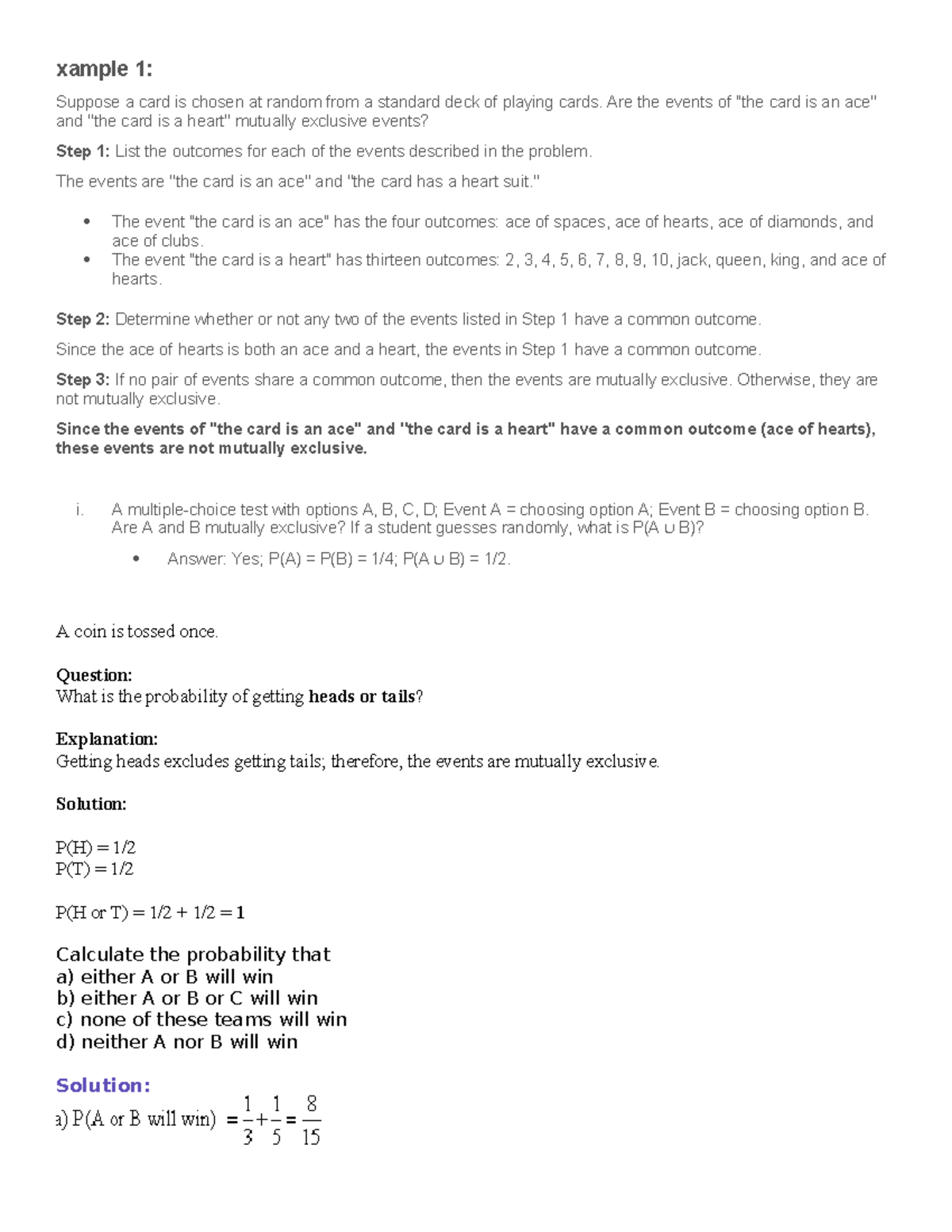 Xample 1 - Summary of Probability Events and Mutual Exclusivity - Studocu