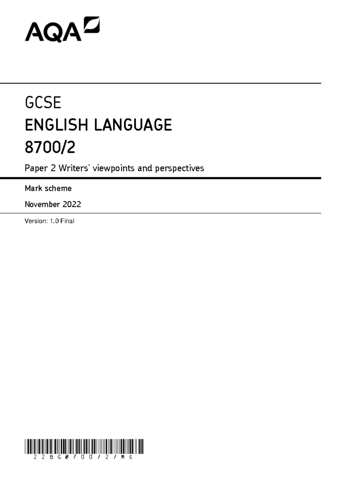 GCSE ENGLISH LANGUAGE Paper 2 Mark Scheme - November 2022 Edition - Studocu