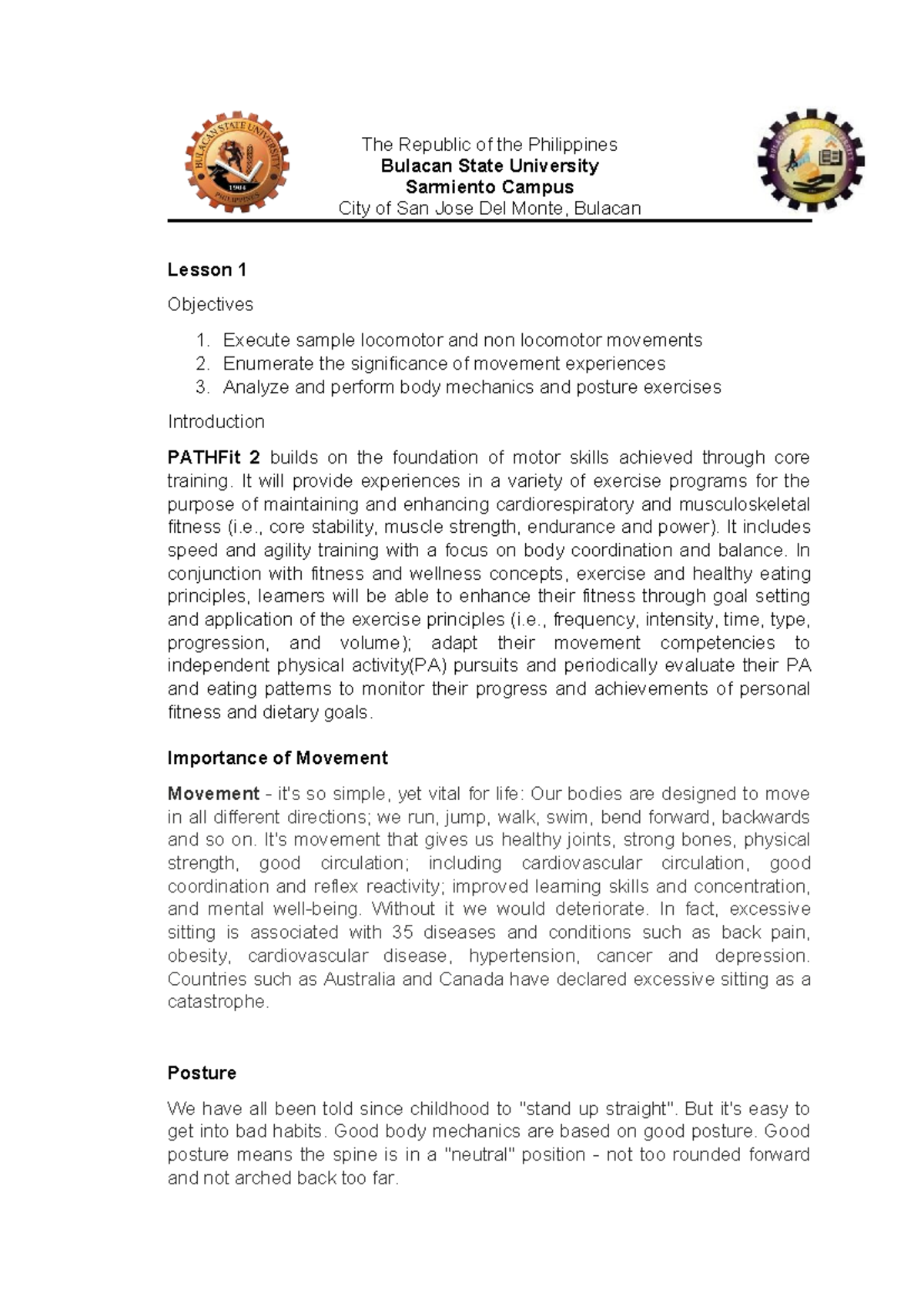 Module PATHFit 2: Lesson 1-5 on Movement, Hydration, and Injury ...