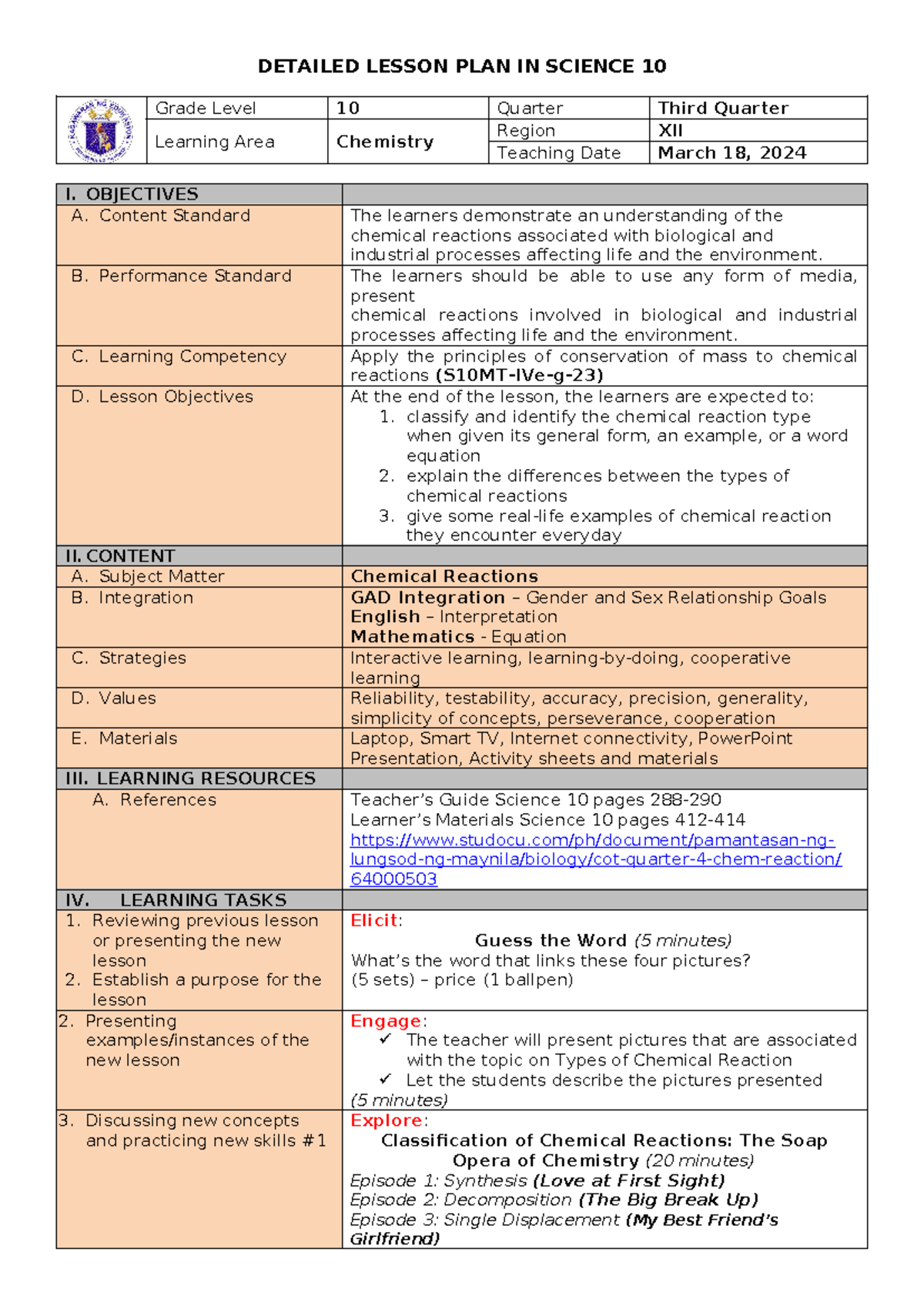 Q4 COT - Lesson Plan on Chemical Reactions in Science 10 - Studocu