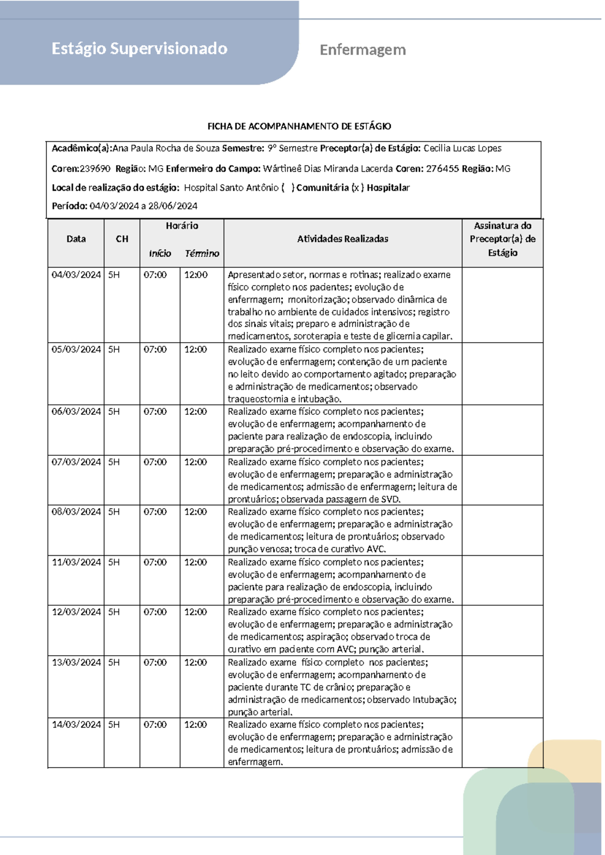 Ficha de Acompanhamento de Estágio em Enfermagem - 9º Semestre - Studocu