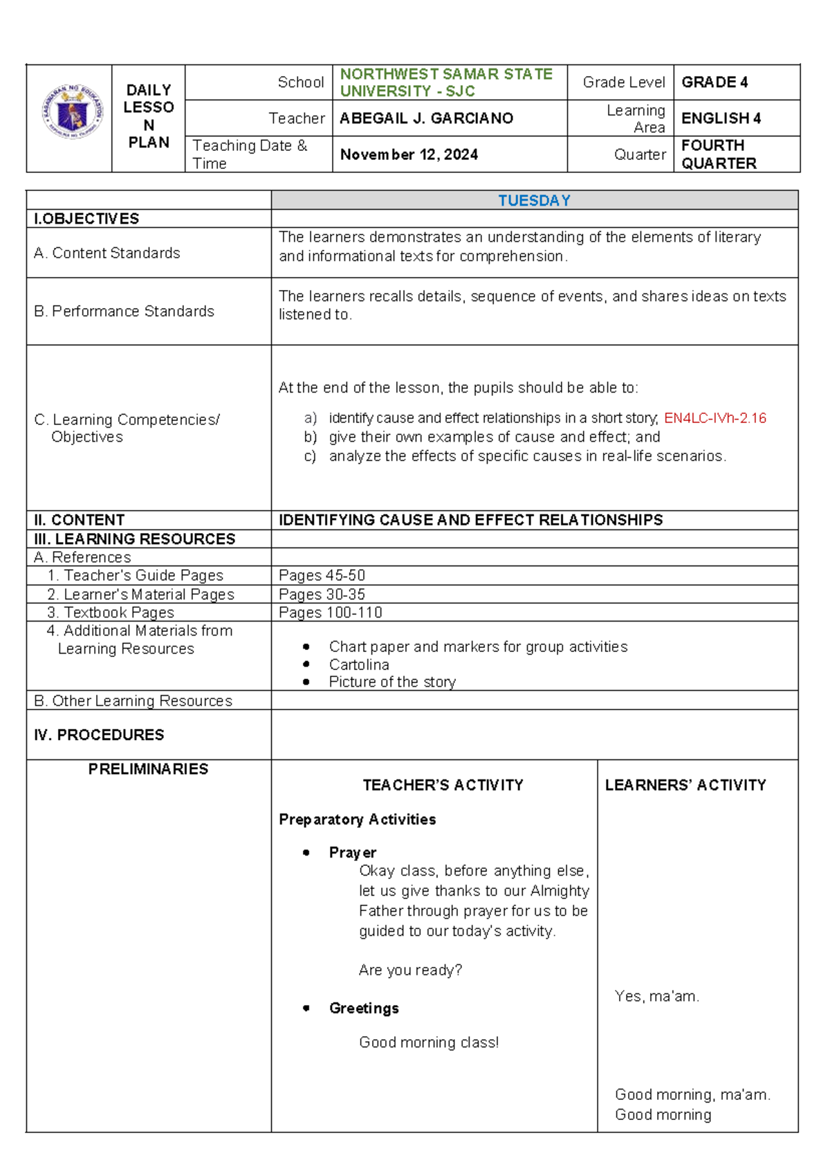 Detailed Lesson Plan for Grade 4: Cause and Effect Relationships - Studocu